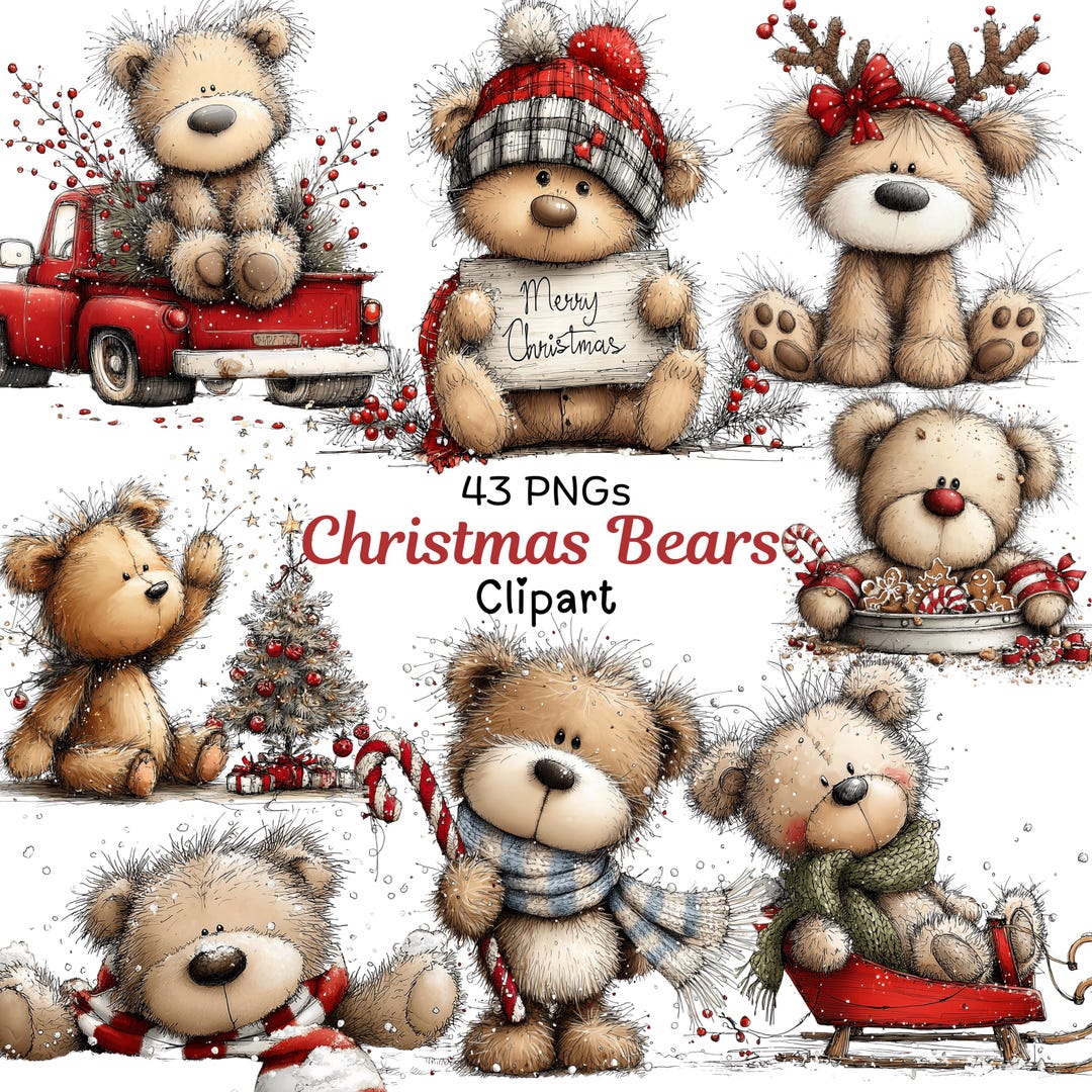 Christmas Teddy Bear Clipart Bundle: Festive Holiday Graphics (digital ...