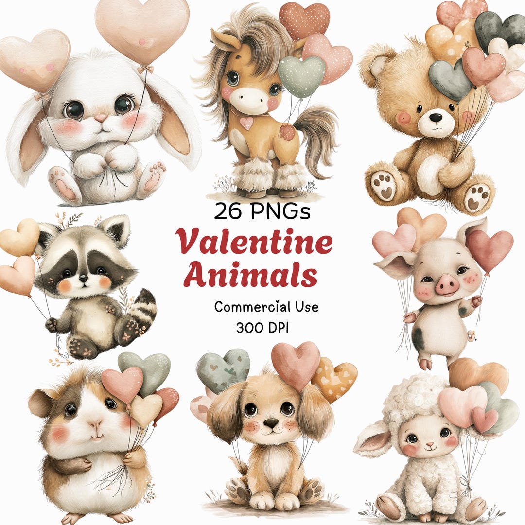 Valentine Animals Clipart: Cute Whimsical Graphics of Animals With ...