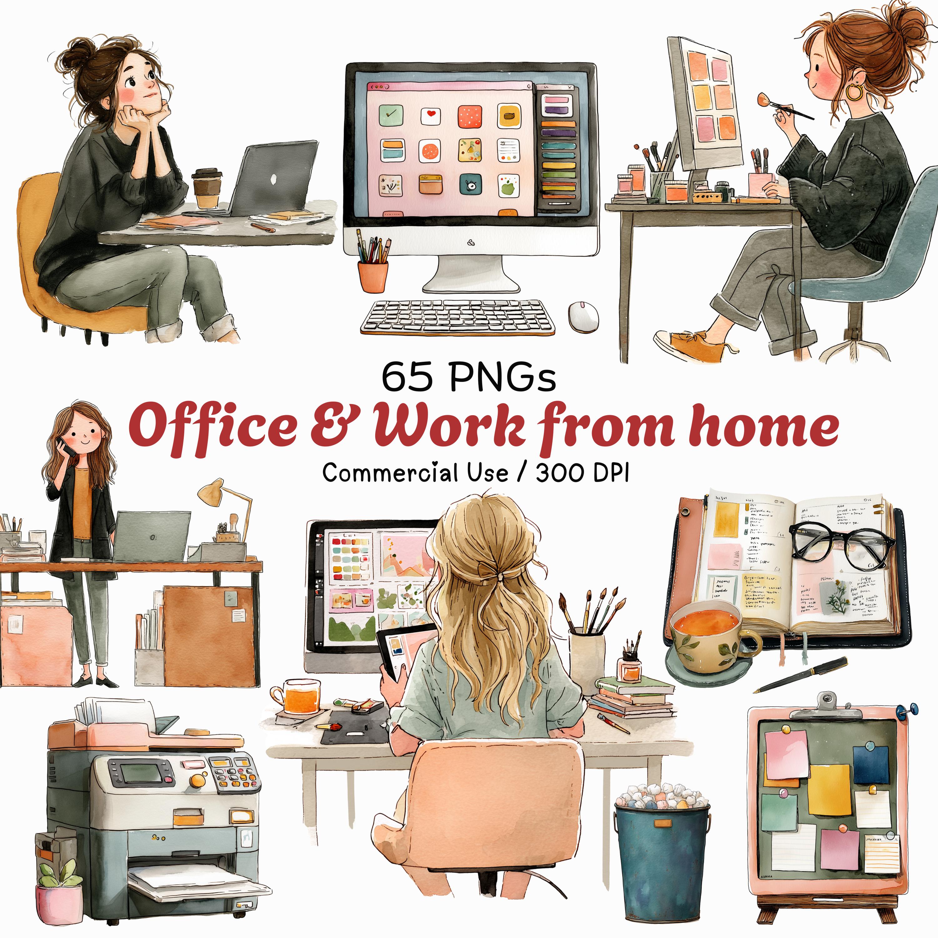 Whimsical Office & Work-from-home Clipart: Watercolor Graphics (digital ...