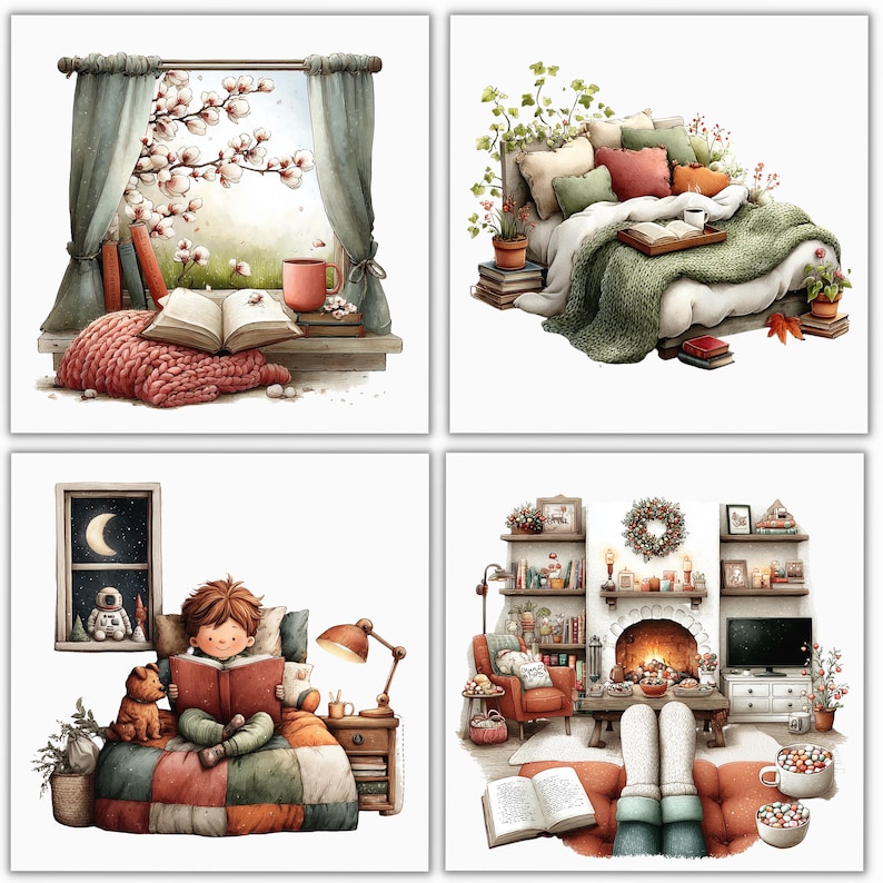 Cozy Reading Clipart: Watercolor Book Lover Graphics (digital Download ...