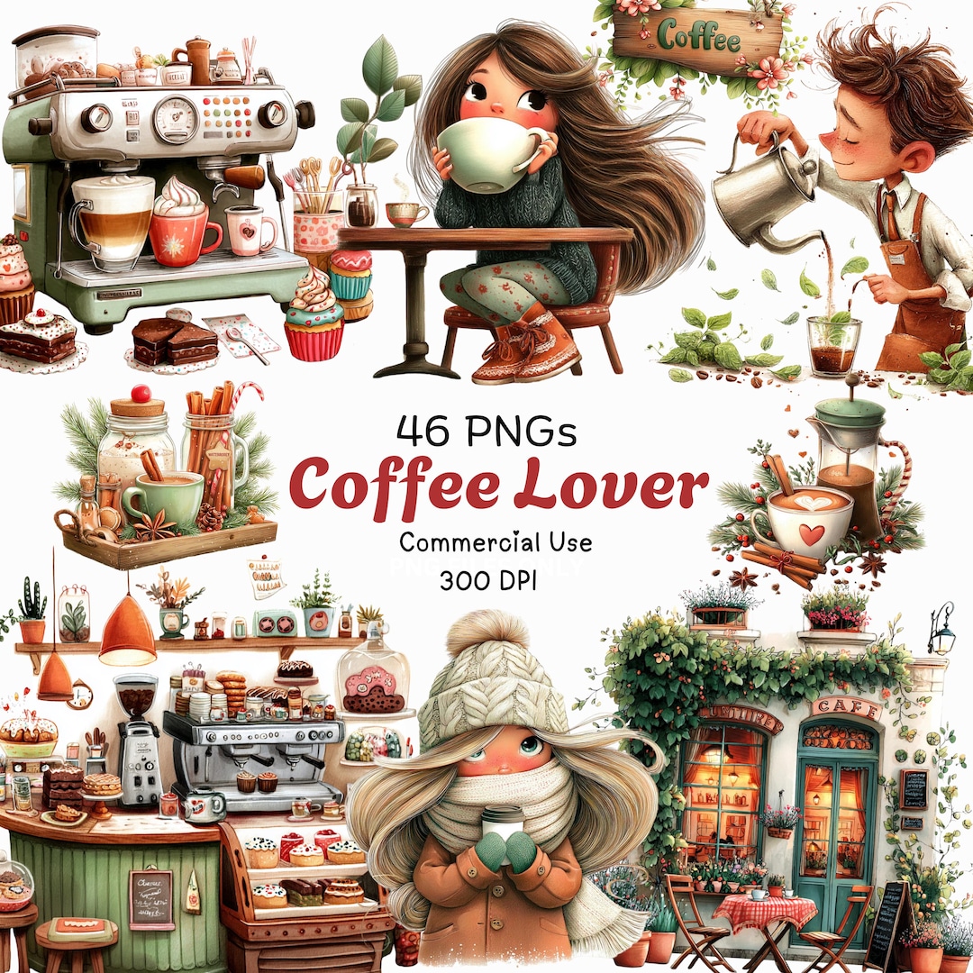 Coffee Lover Whimsical Clipart Bundle: Cozy Cafe & Coffee Shop Graphics ...