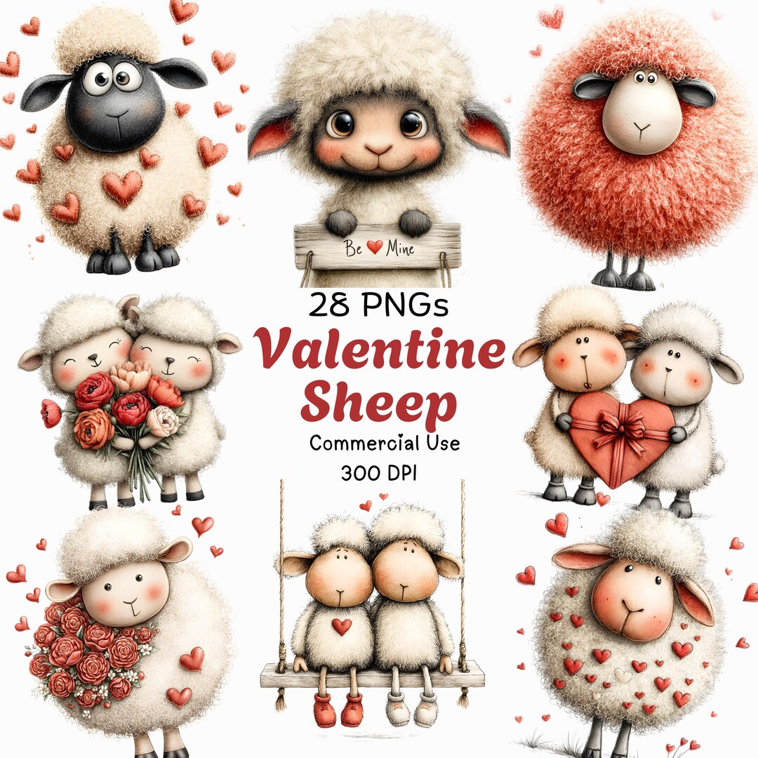 Valentine Sheep Clipart: Cute Romantic Whimsical Graphics of Lamb With ...