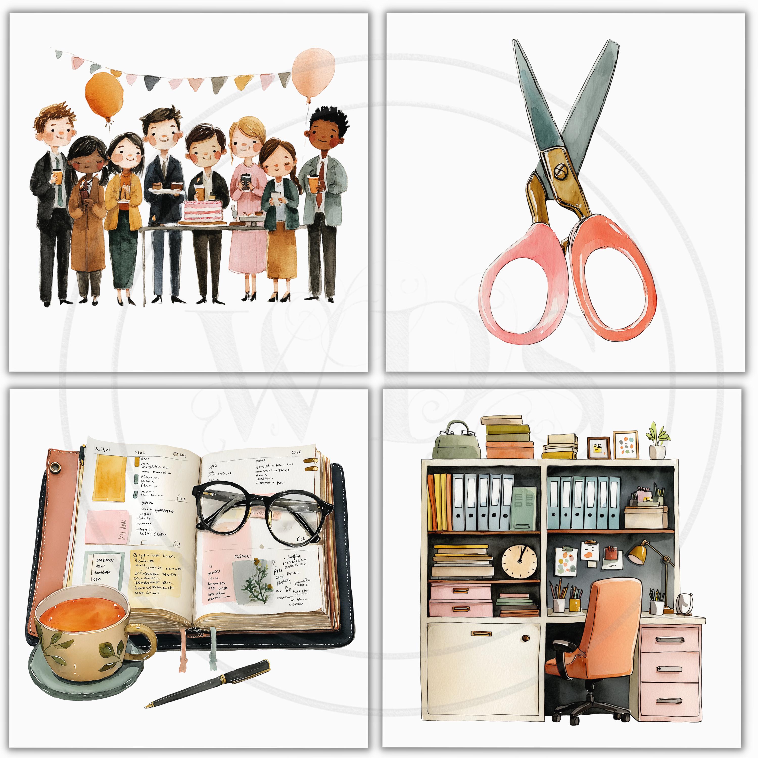 Whimsical Office & Work-from-home Clipart: Watercolor Graphics (digital ...