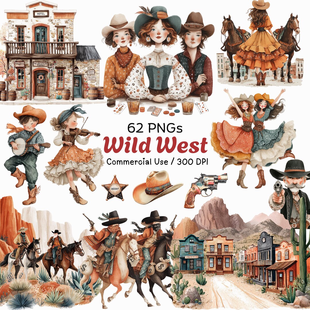 Wild West Clipart Bundle: Vintage Cowboy Cowgirl Graphics (digital ...