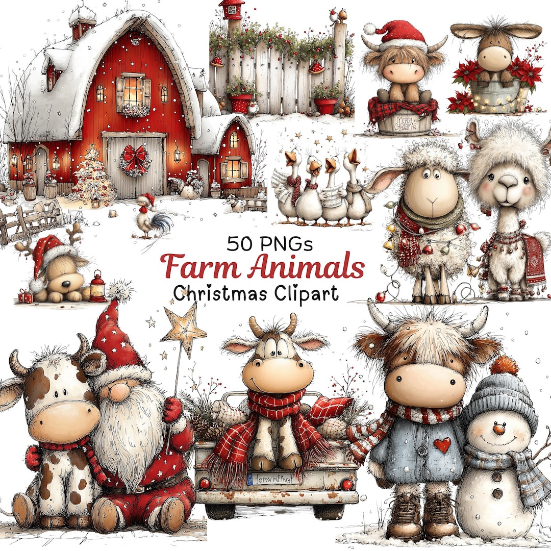 Farm Animals Christmas Clipart: Festive Holiday Graphics (digital ...