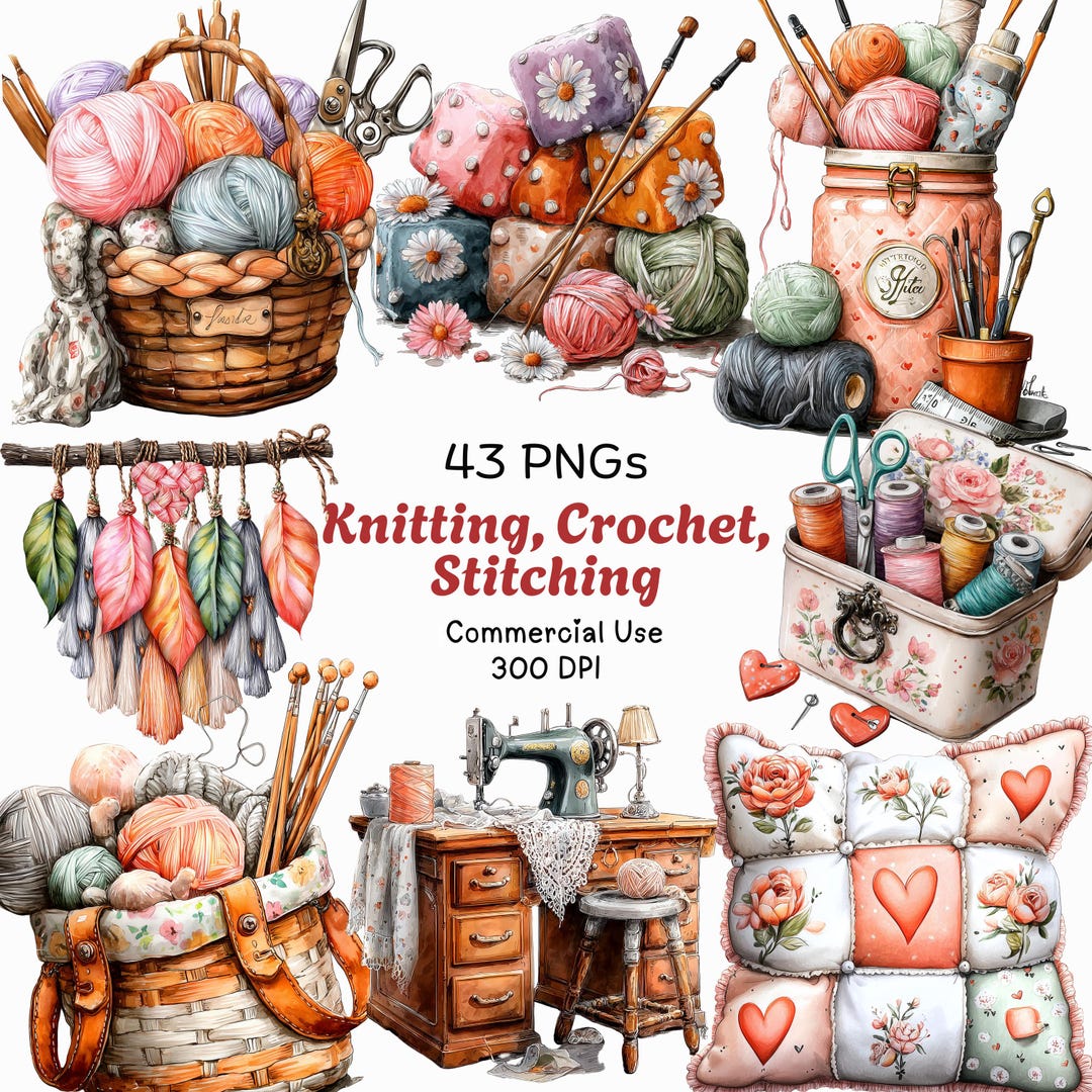 Knitting Crochet Stitching Clipart, Whimsical Graphics (digital ...