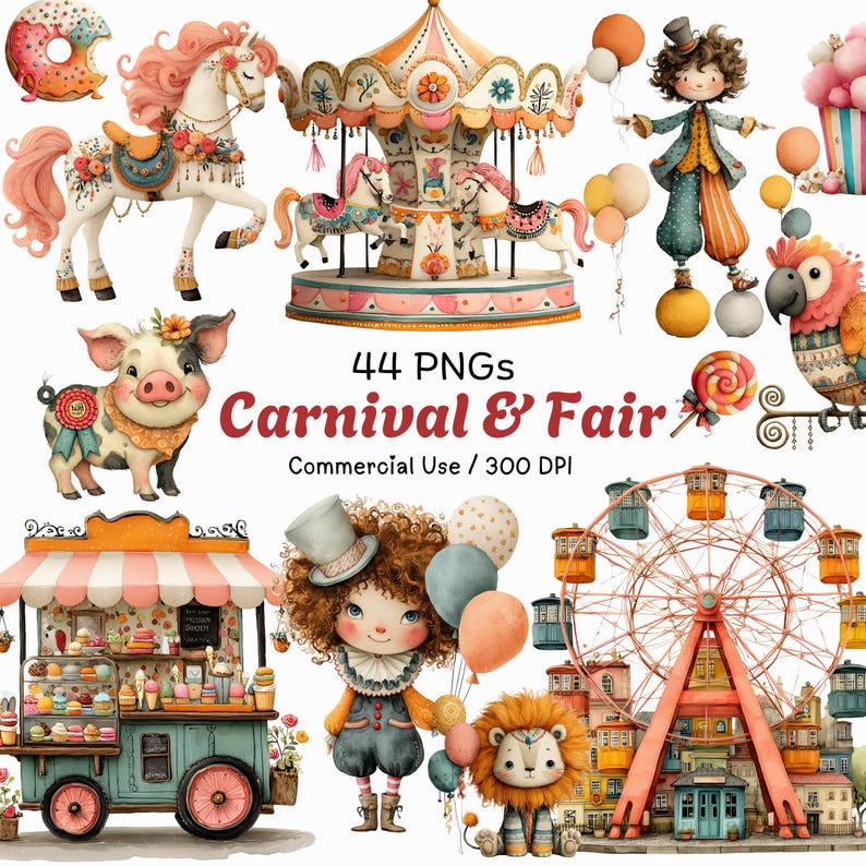 Watercolor Vintage Carnival Clipart Bundle: Whimsical Fair Graphics ...