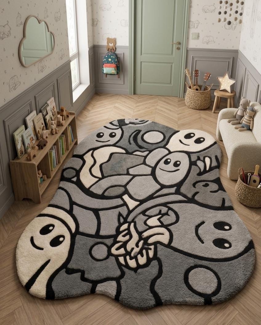 Hand-tufted Abstract Doodle Face Rug, Irregular Silver Grey Area Carpet ...