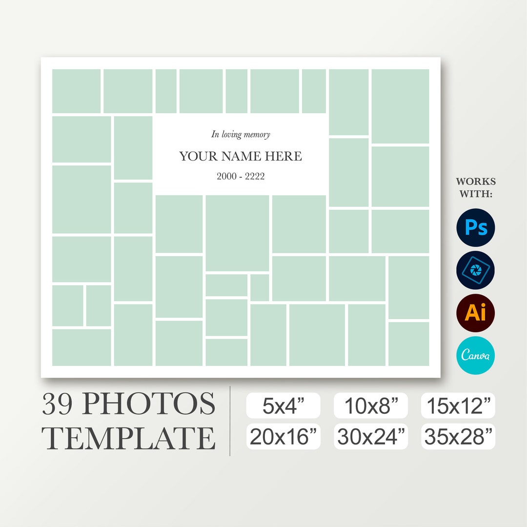 Photoshop Collage Template for 39 Photos. Digital Funeral Composite ...