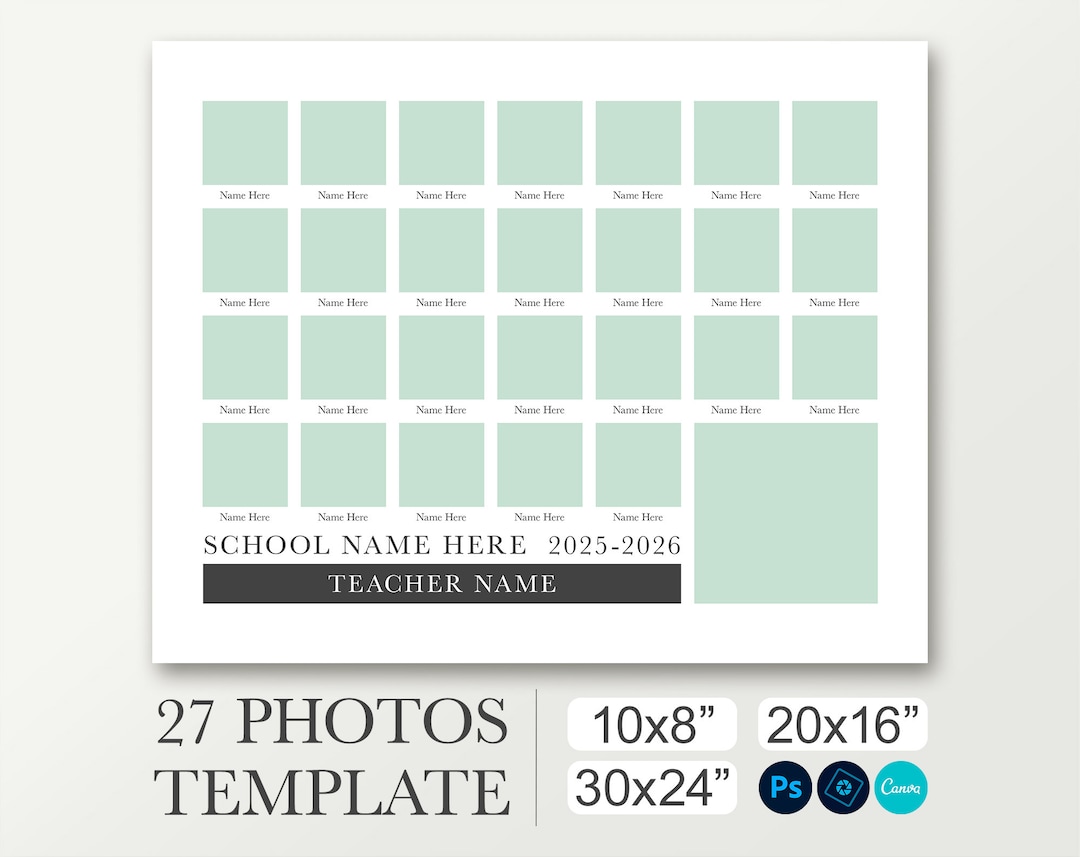 Class Board for 27 Photos. Yearbook Template. Digital Layout for Canva ...