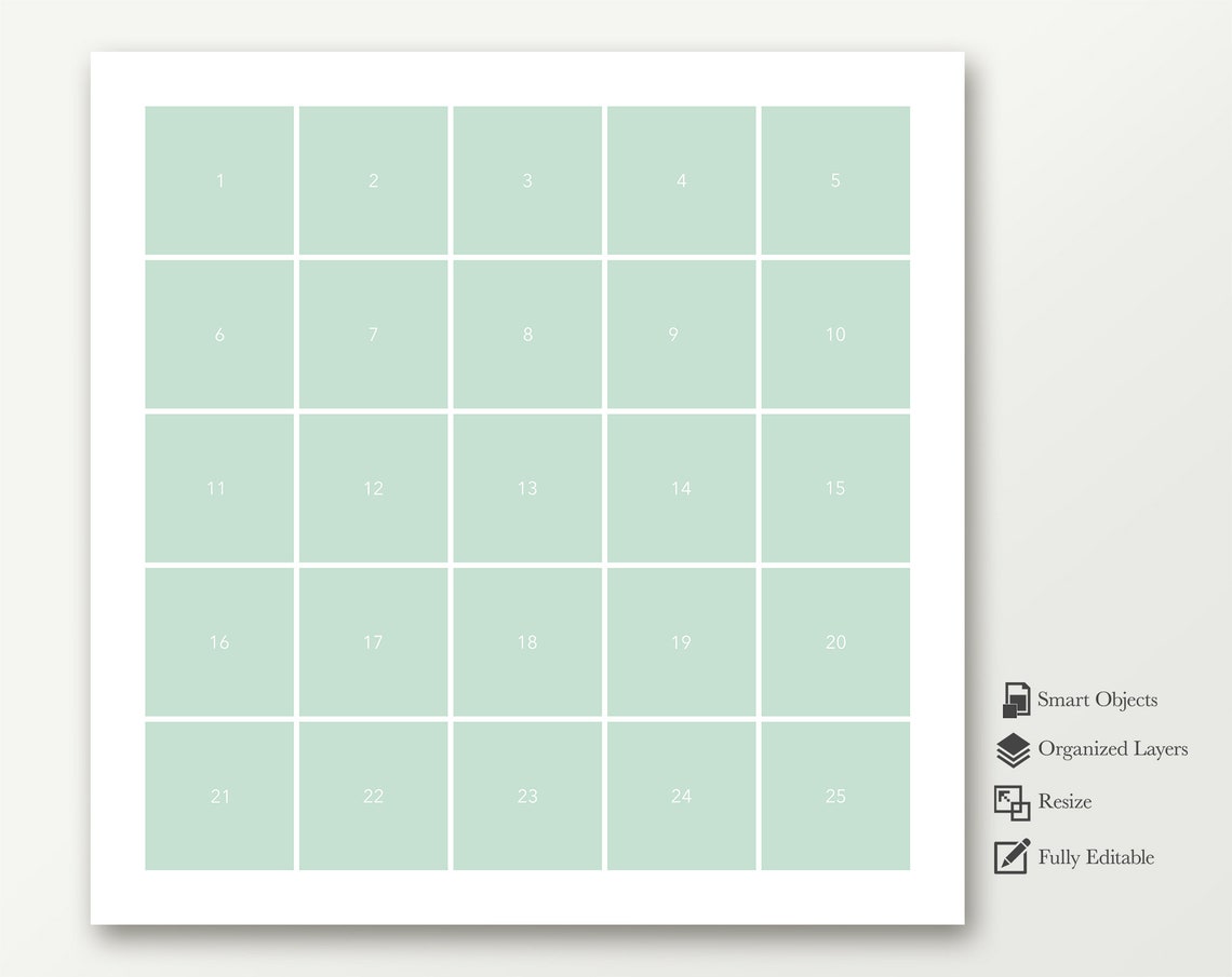 Photo Collage for 25 Pictures. Digital Template in 5x5 8x8 | Etsy