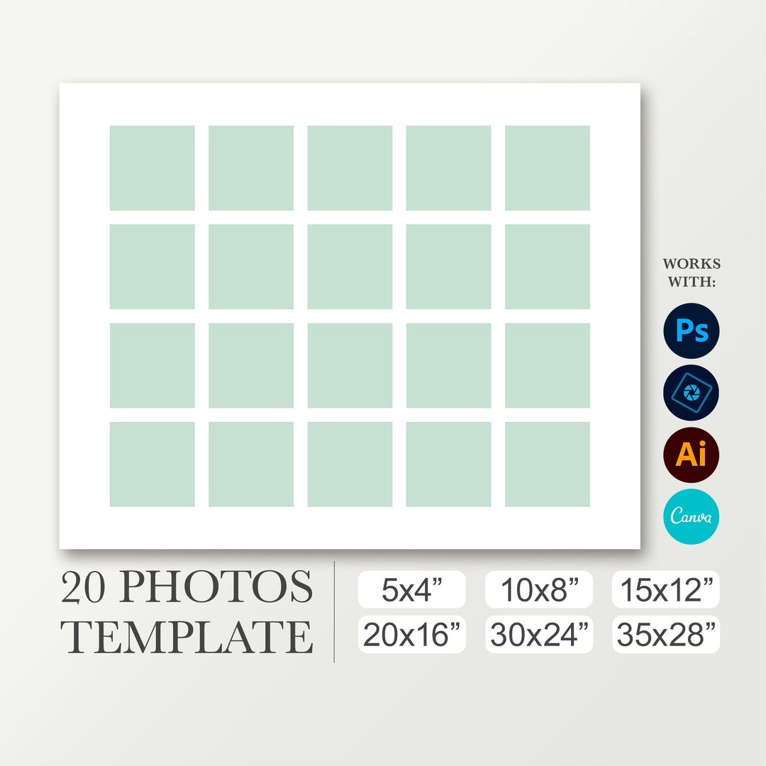 Photo Collage for 20 Pictures. Digital Template Photoshop & Canva ...