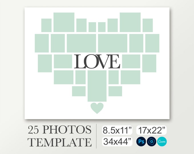 Heart Collage Template, Instantly Editable, Heart Photo Collage ...