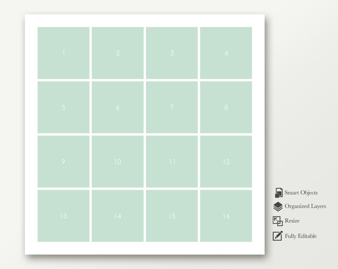 Square Photo Collage for 16 Pictures. Photoshop Template 5x5, 8x8 ...