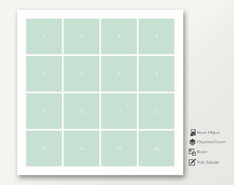 Square Photo Collage for 16 Pictures. Photoshop Template 5x5, 8x8 ...