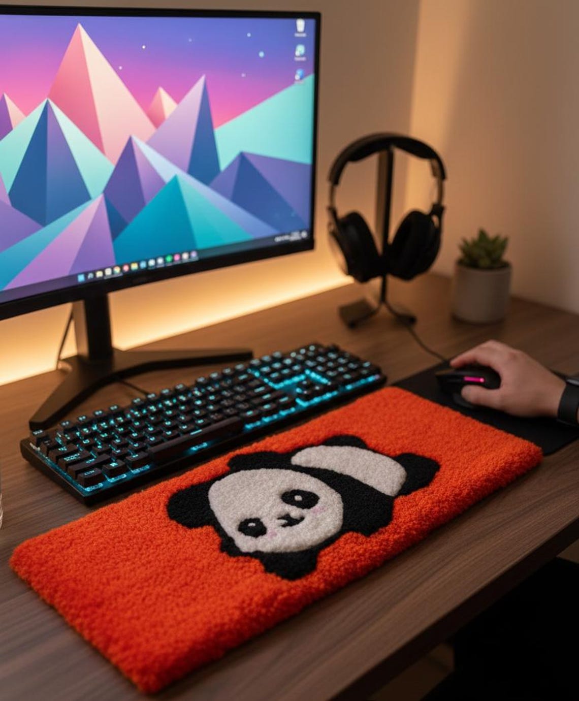 Handmade Panda Tufted Desk Mat, Orange Gamer Room, Desktop Accent Rug ...
