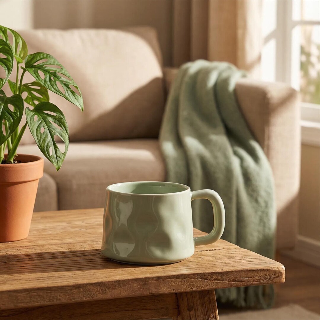 Muted Green Wavy Ceramic Coffee Cup & Saucer Set 300ml Mug for Tea or ...