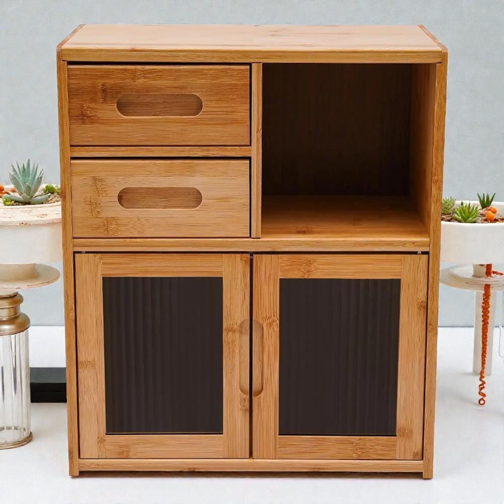 Bamboo Kitchen Pantry Cabinet, Bread Box for Countertop With 2 Drawers ...