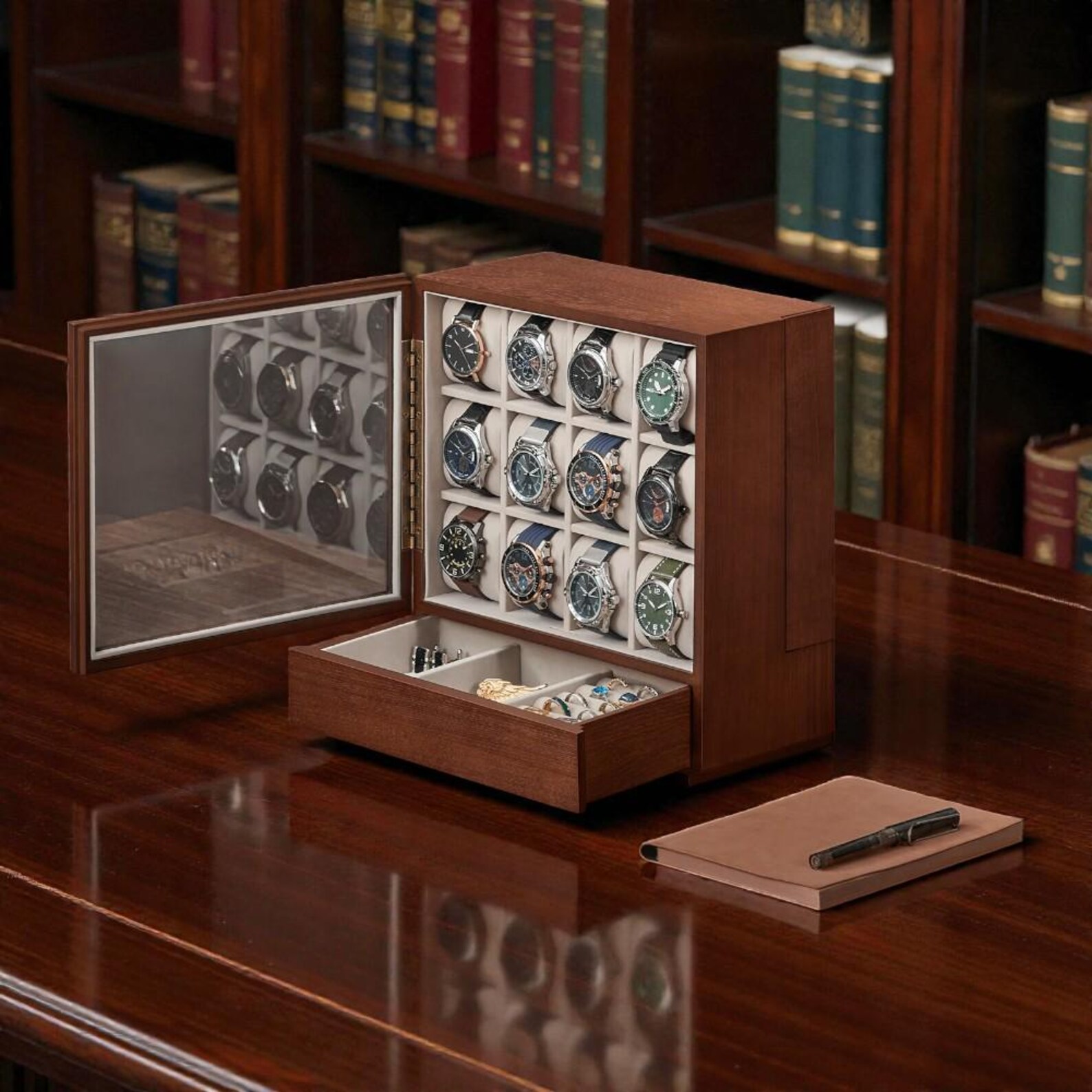 12-slot Wooden Watch Box Display Case, Vertical Cabinet With Acrylic ...