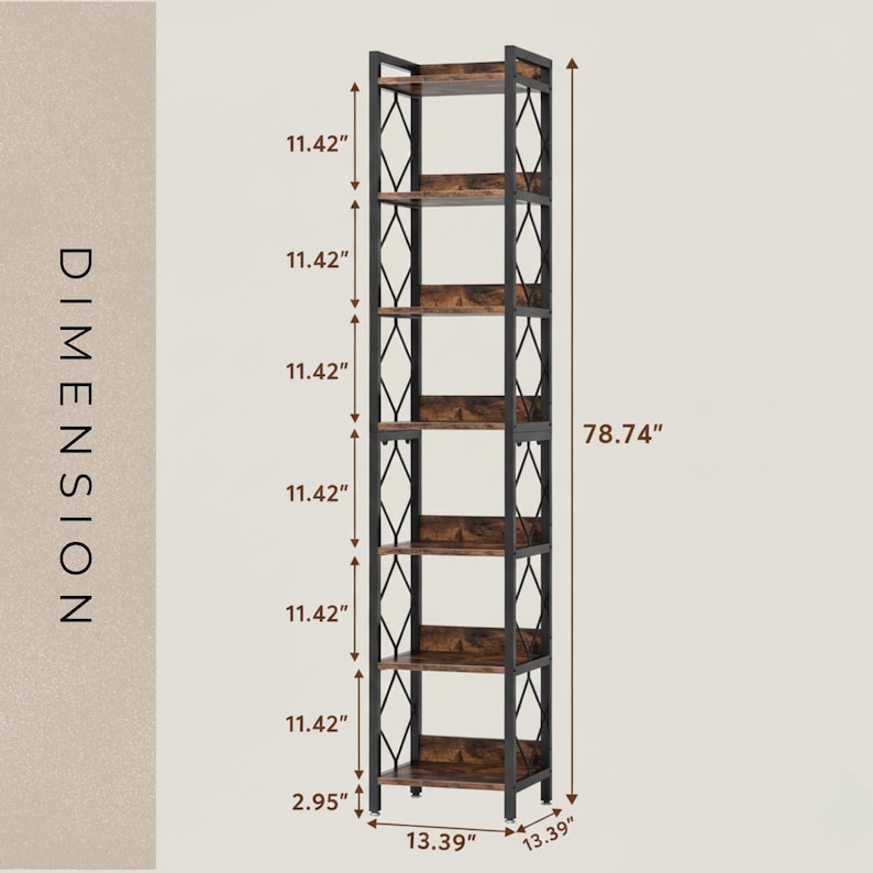 7 Tier Tall Narrow Bookshelf, Rustic Brown Metal Frame, Modern Display ...