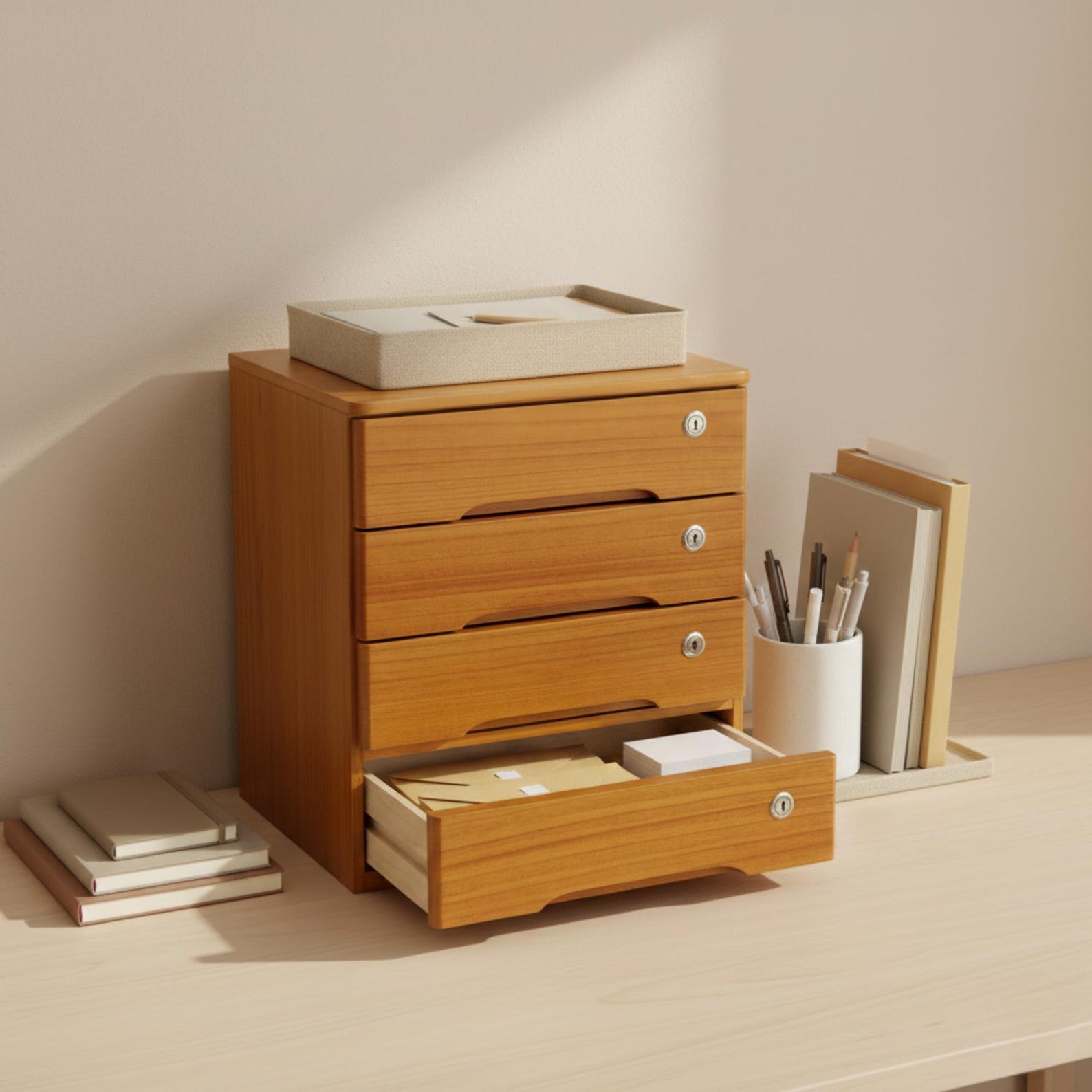 Wood Desktop Storage Cabinet With Lock, 4 Drawer Desk Organizer, Office ...