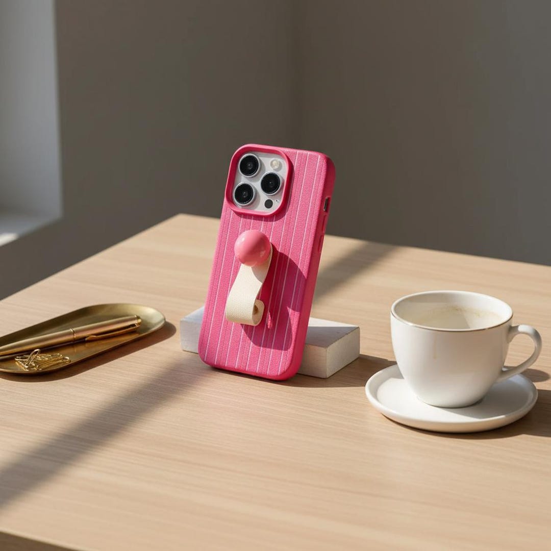Simple Line Leather Texture iPhone Case • 3D Ball Ring Stand • Soft ...