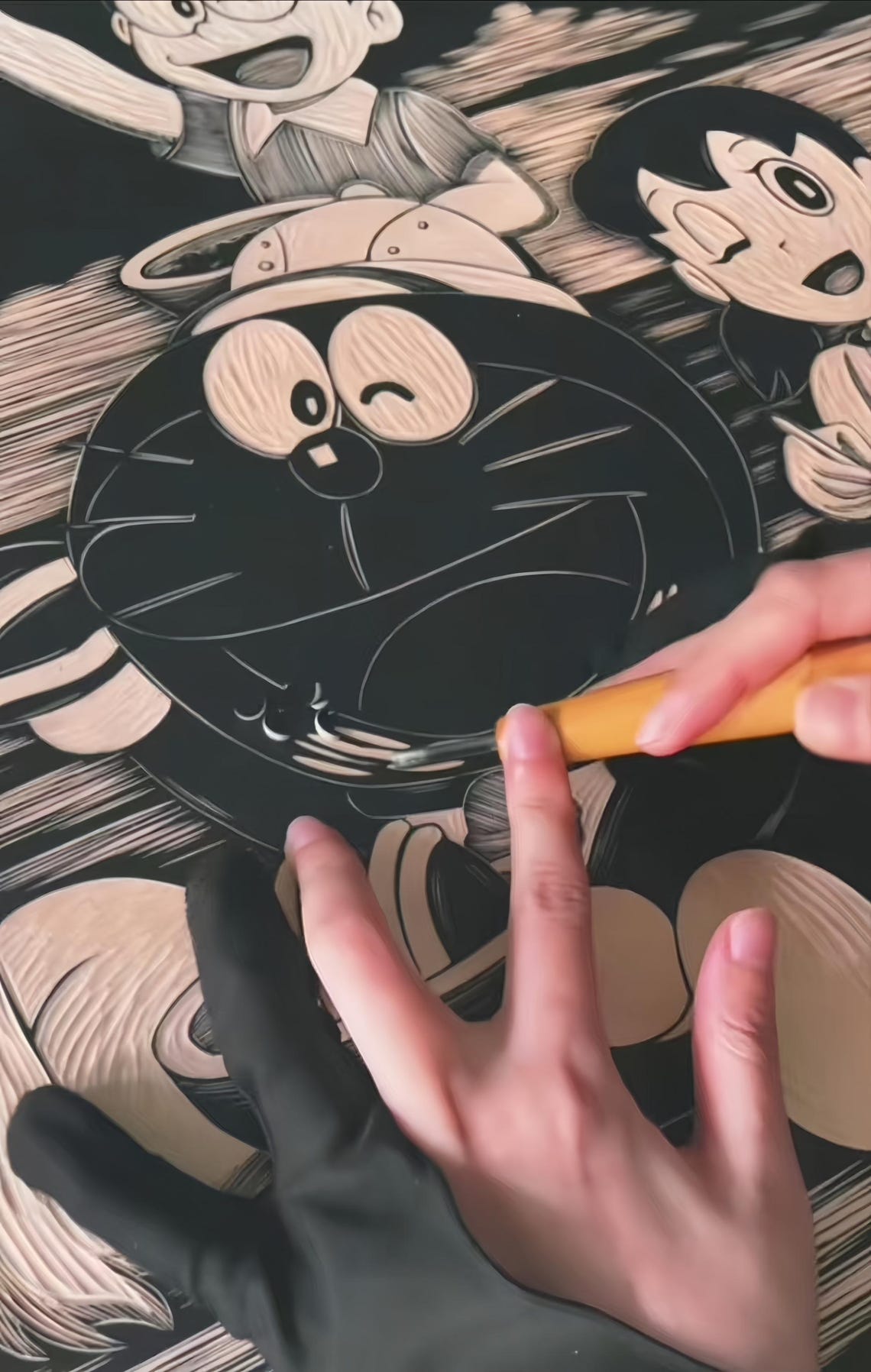 Doraemon Inspired Woodblock Print | Japanese Anime Style Art | Handmade ...