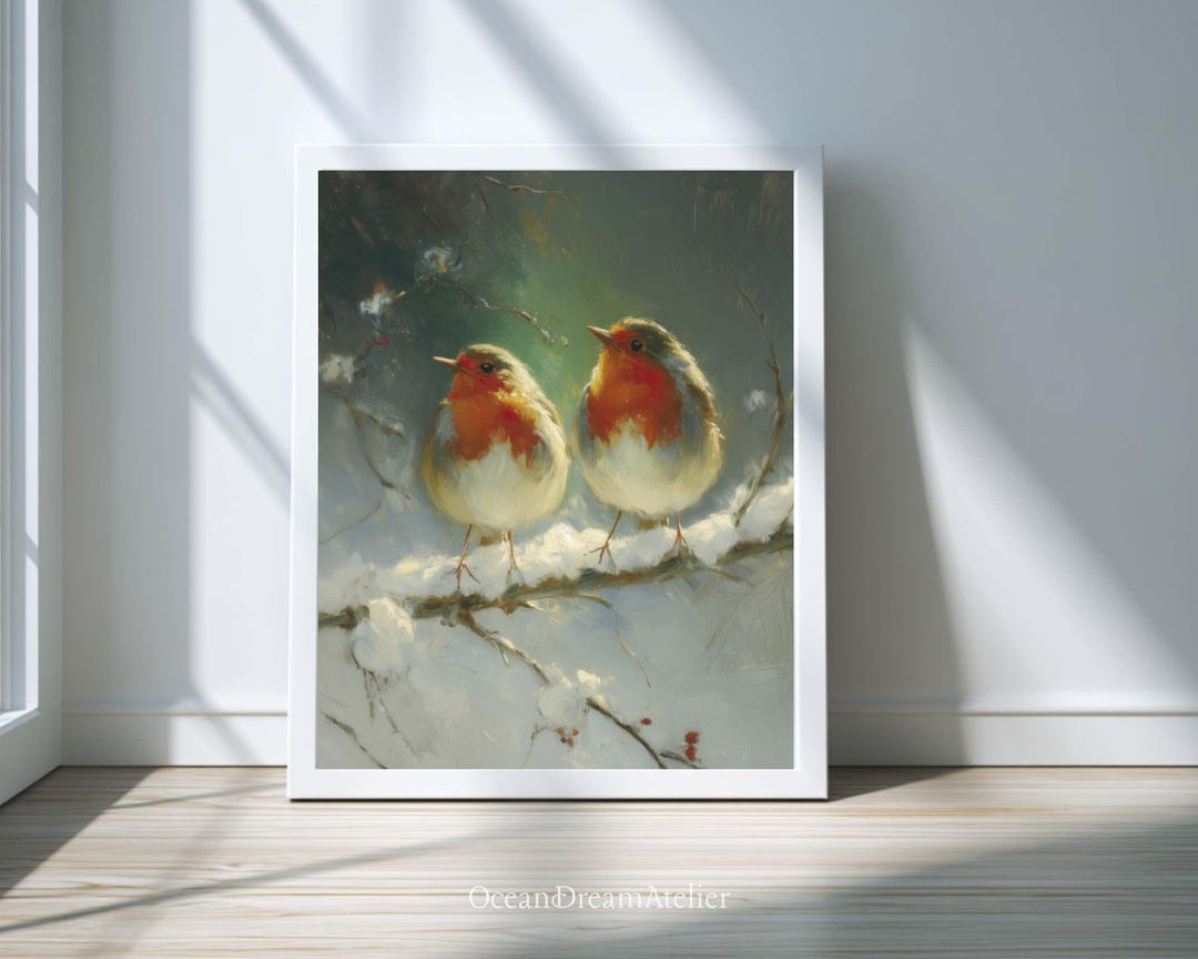 Winter Robins on Snowy Branch Vintage Bird Painting Cozy Nature ...