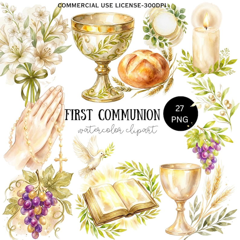 First Holy Communion Watercolor Clipart, Catholic Sacrament PNG Bundle ...