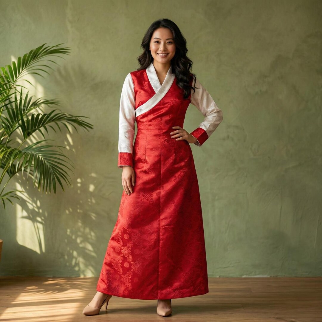 Red One Piece Bakhu With Attached Wonju | Tibetan Chuba Dress Women ...