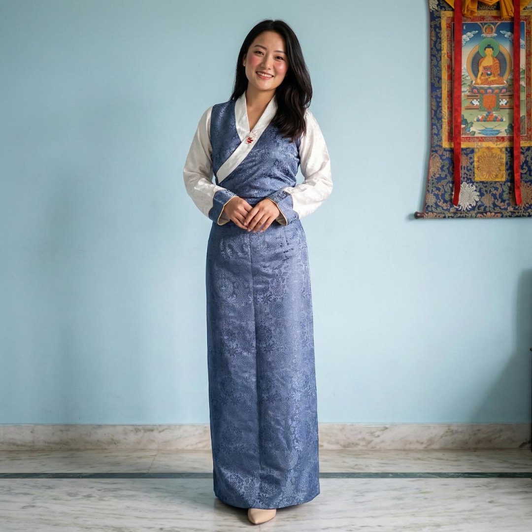 Steel Blue One Piece Bakhu With Attached Wonju | Tibetan Chuba Dress ...