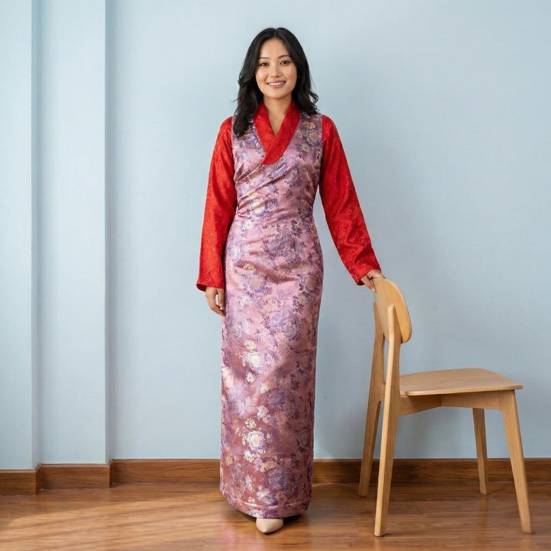 Pink Tibetan Chuba Dress for Women, Bakhu With Honju Blouse, Brocade ...