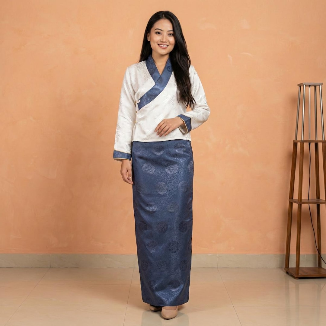 Steelblue Two Piece Bakhu Set Women | Handmade Jacquard Dress | Tibetan ...