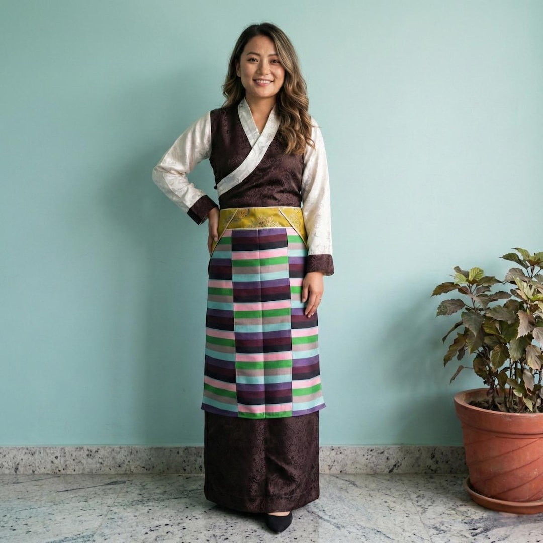 Olive Green Tibetan Pangden Apron | Handwoven Droden Stripes | Brocade ...