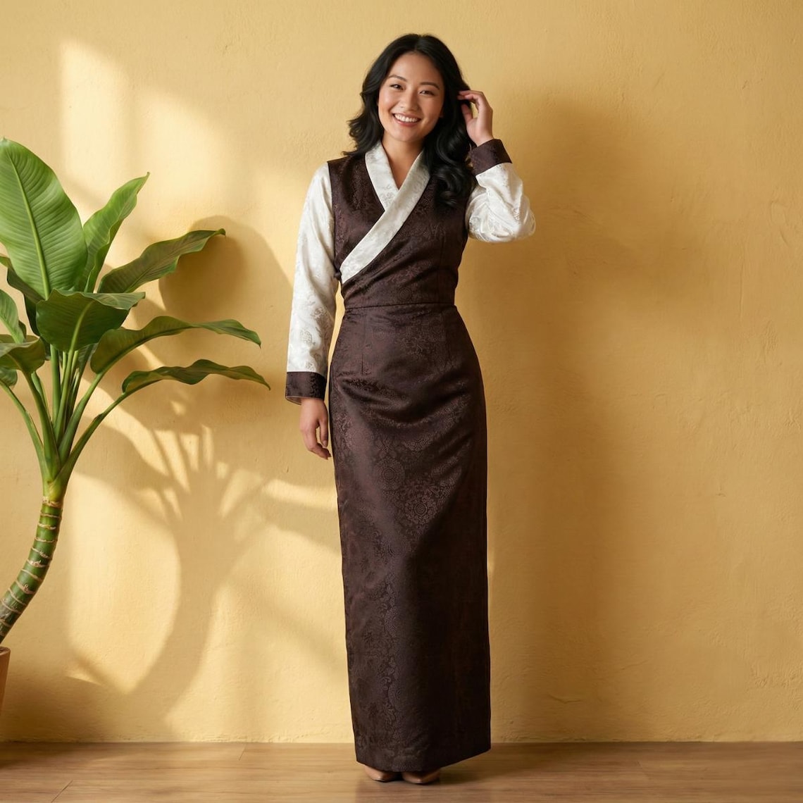 Brown One Piece Bakhu With Attached Wonju | Tibetan Chuba Dress Women ...