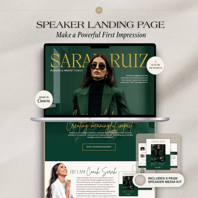 Emerald Green Speaker Landing Page Template, Canva Website, Media Kit ...