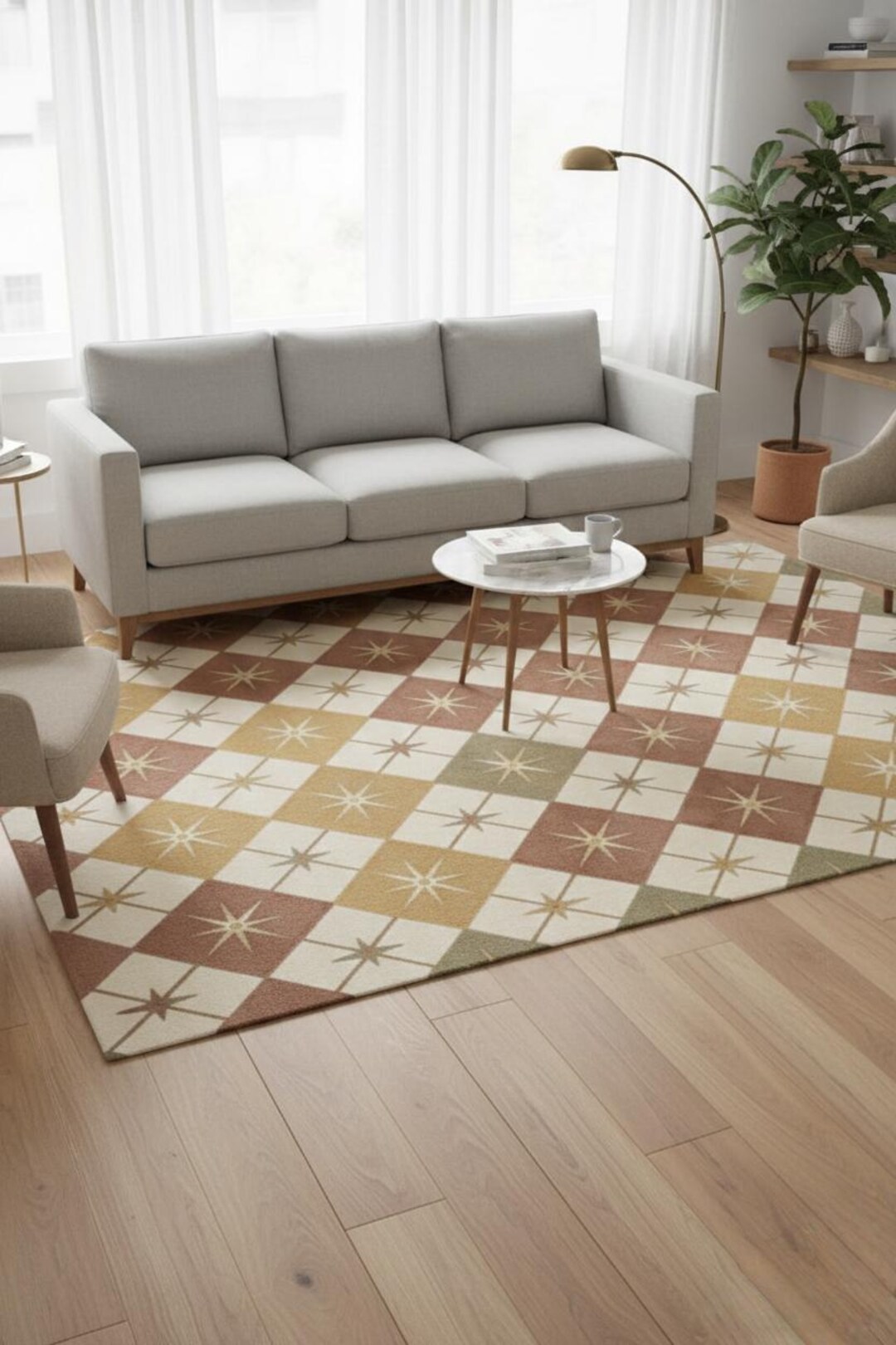 Vintage Geometric Star Pattern Area Rug – Warm Earth Tone, Living Room ...