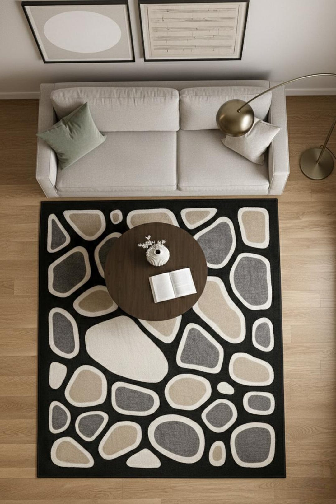 Modern Abstract Pebble Pattern Area Rug – Black, Beige & Grey Living ...
