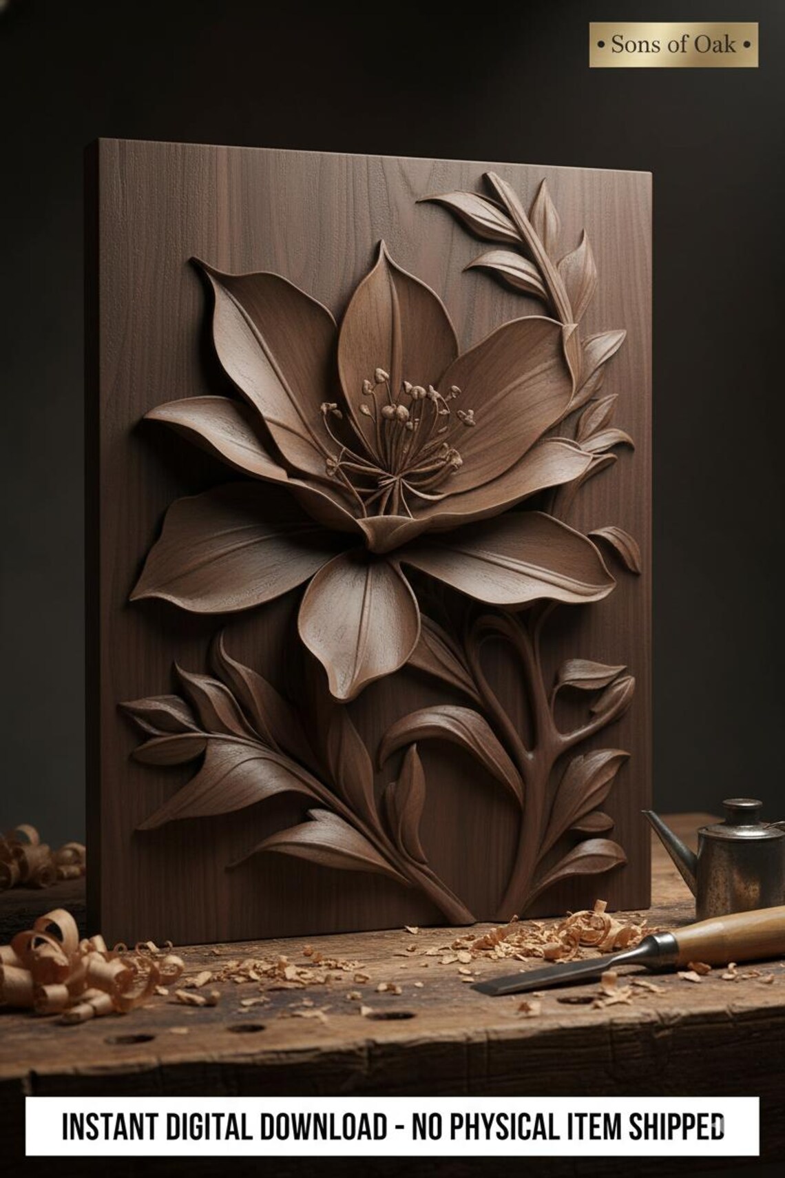 Elegant Flower for CNC Floral Bas-relief Wood Carving File Botanical ...