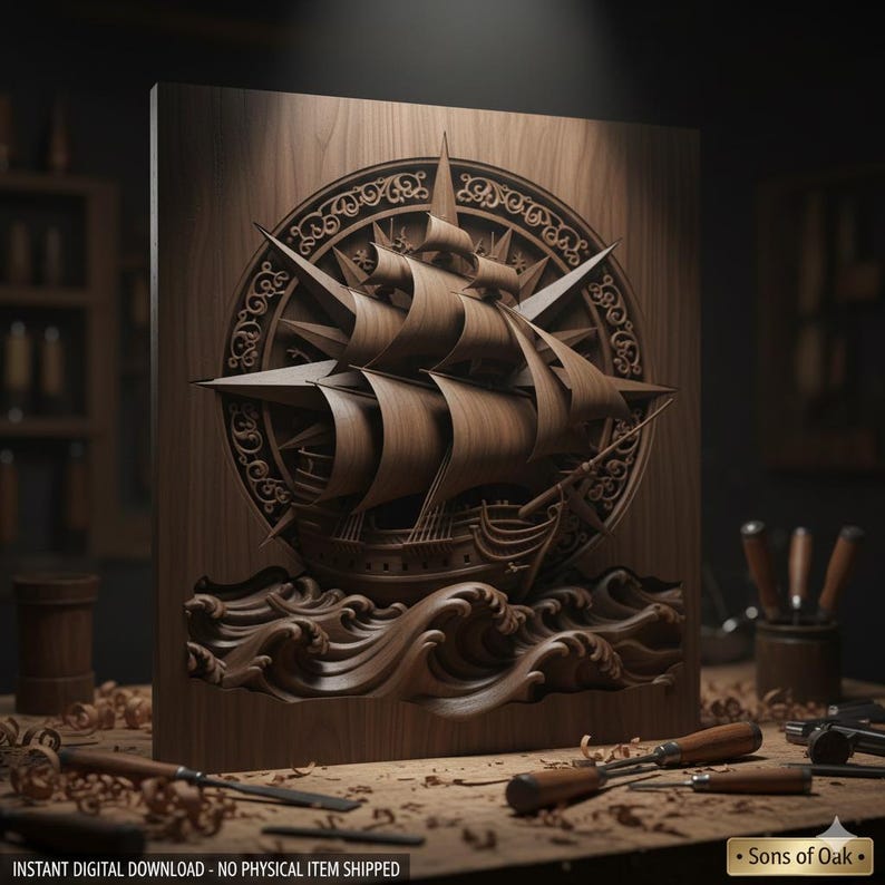 Tall Ship Compass Rose CNC Detailed Nautical Bas-relief Wood Carving ...