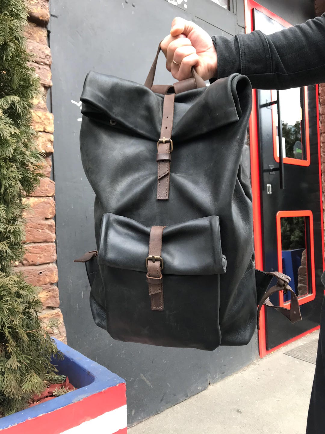 Genuine Leather Men Work Backpack, Black Outdoor Travel Rucksack ...