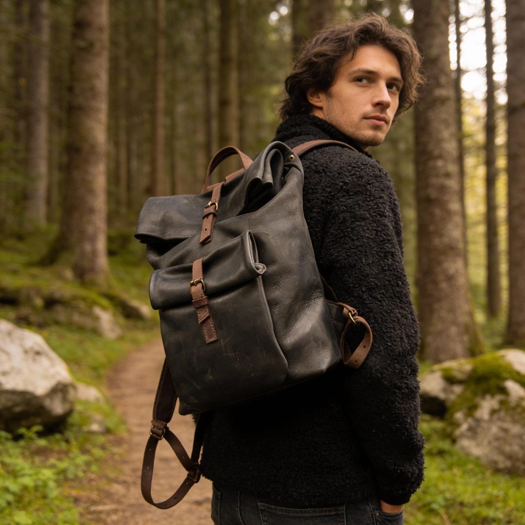 Genuine Leather Work Backpack for Him, Handmade Rolltop Mens Backpack ...