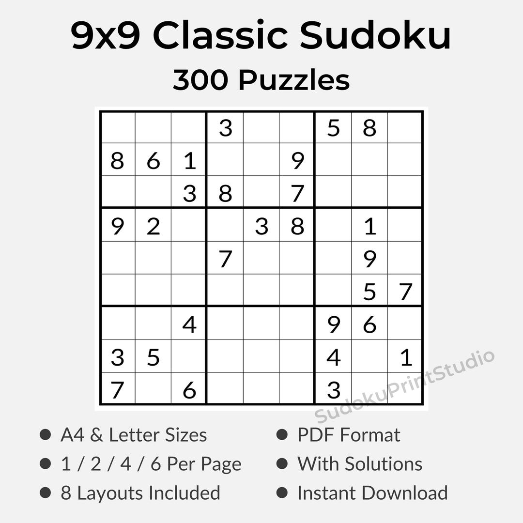 300 Printable 9x9 Sudoku Puzzles – 100 Easy, 100 Medium, 100 Hard ...