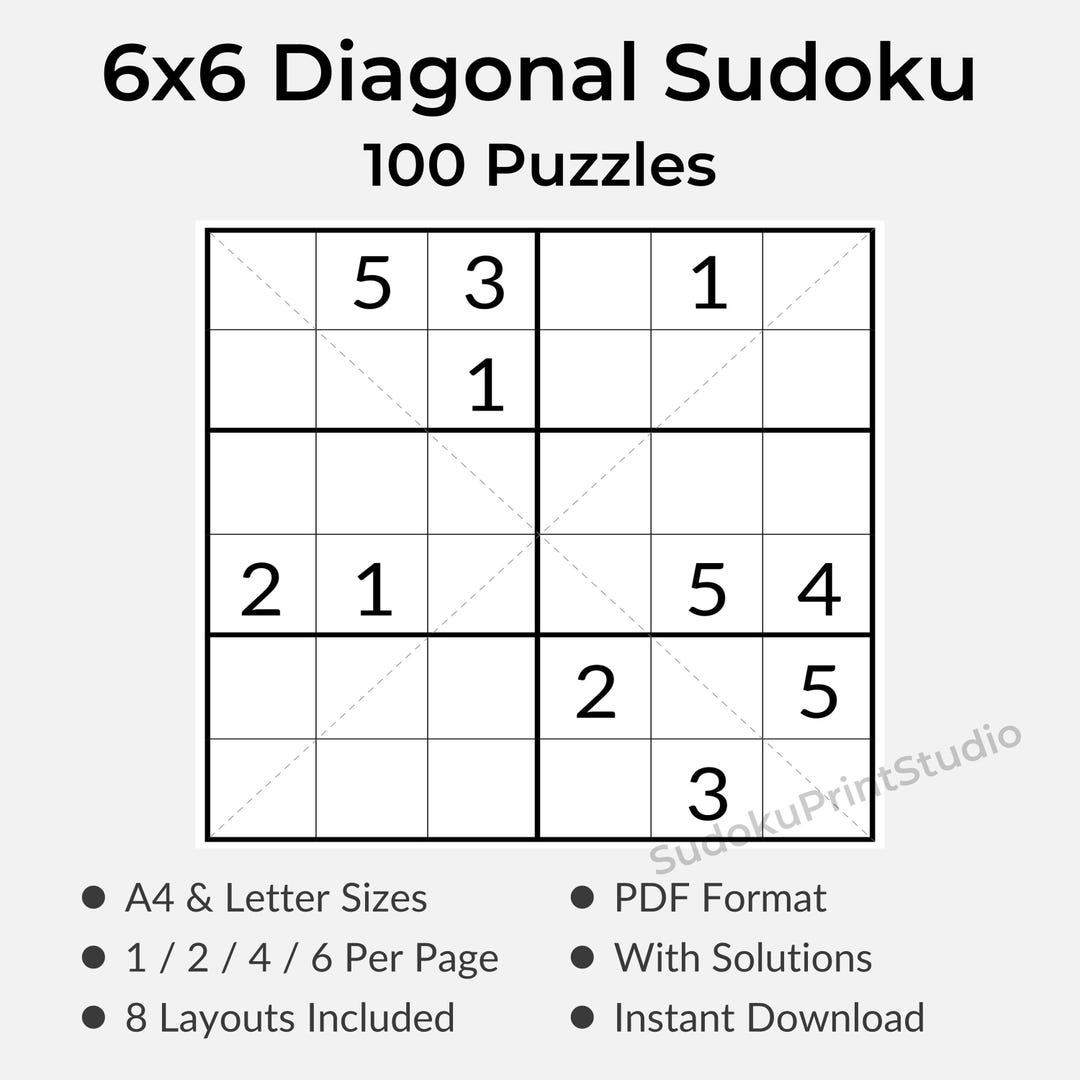 100 Printable 6x6 X Sudoku (diagonal Sudoku) Puzzles With Solutions ...