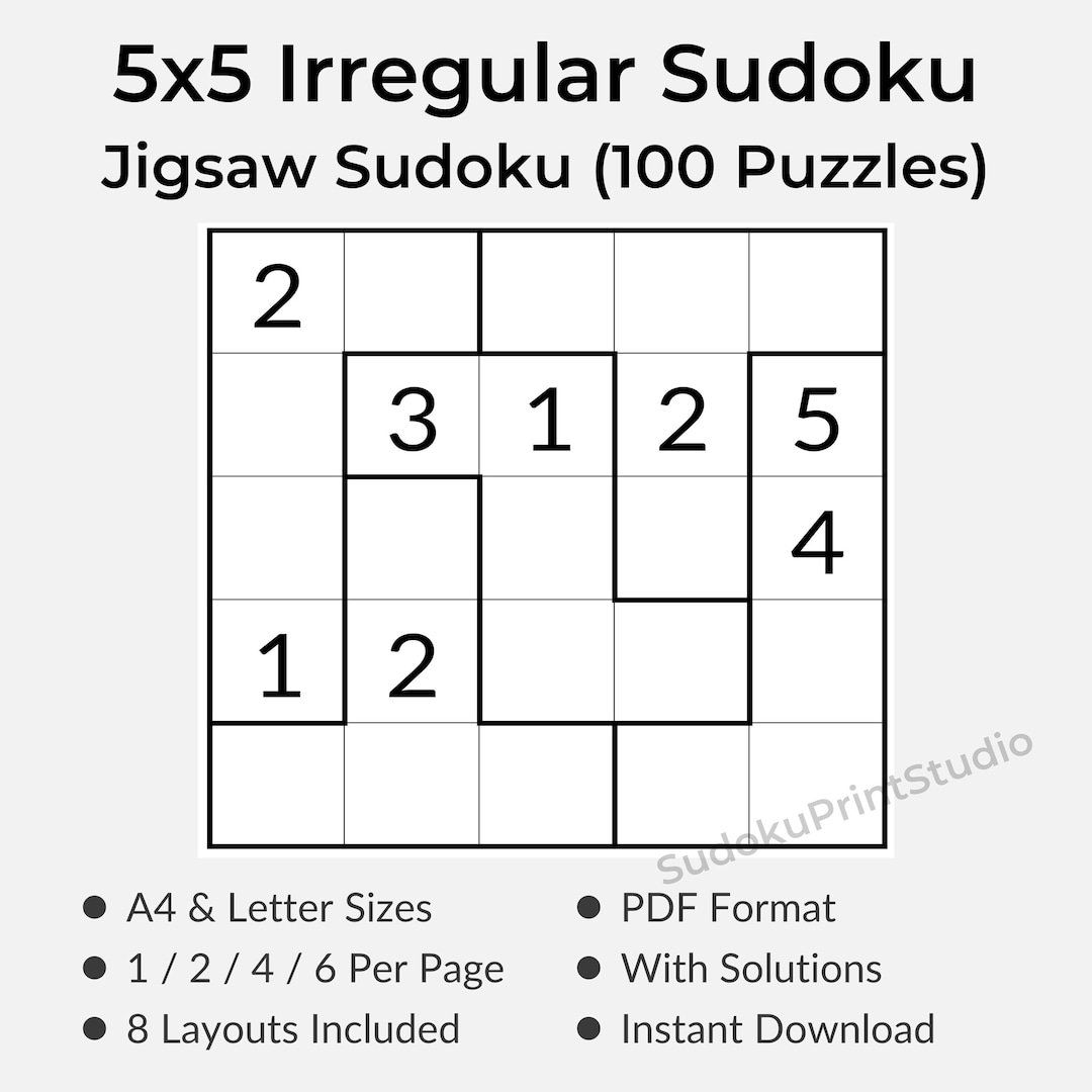 100 Printable 5x5 Irregular Sudoku (jigsaw Sudoku) Puzzles | Easy to ...