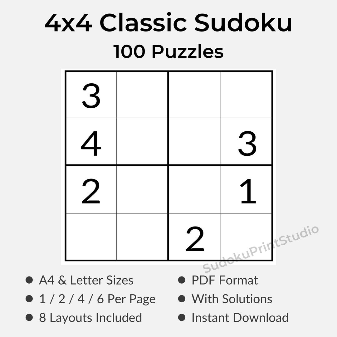 100 Printable 4x4 Easy Sudoku Puzzles for Kids With Solutions (A4 ...