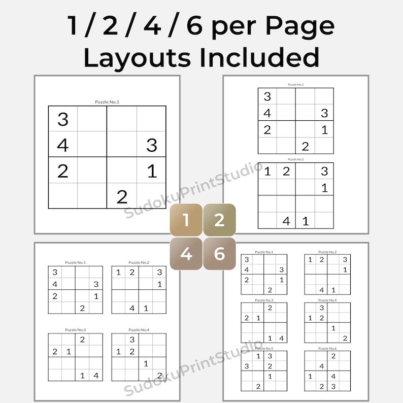 300 Printable 4x4 Easy Sudoku Puzzles for Kids With Solutions (A4 ...