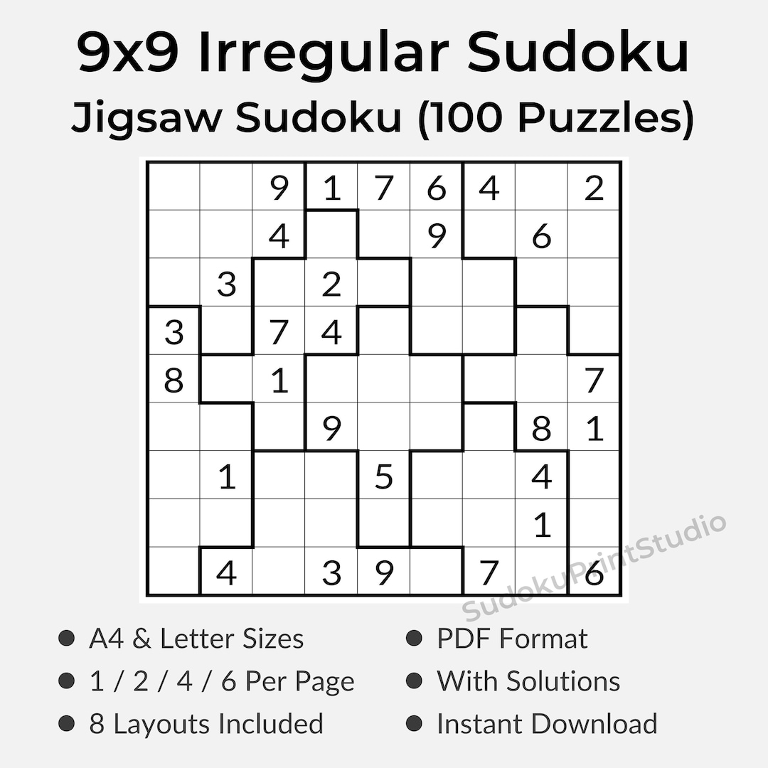 9x9 Irregular Sudoku (jigsaw Sudoku) Pack – 100 Printable Puzzles With ...