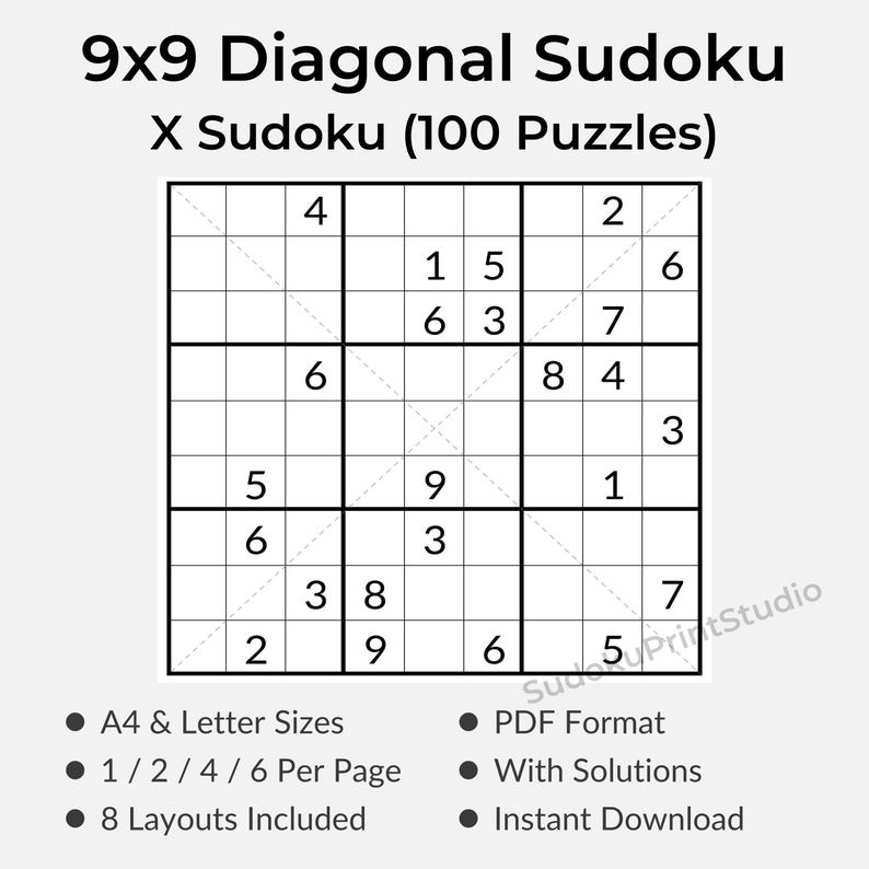100 Printable 9x9 Diagonal Sudoku (X Sudoku) Puzzles With Solutions ...