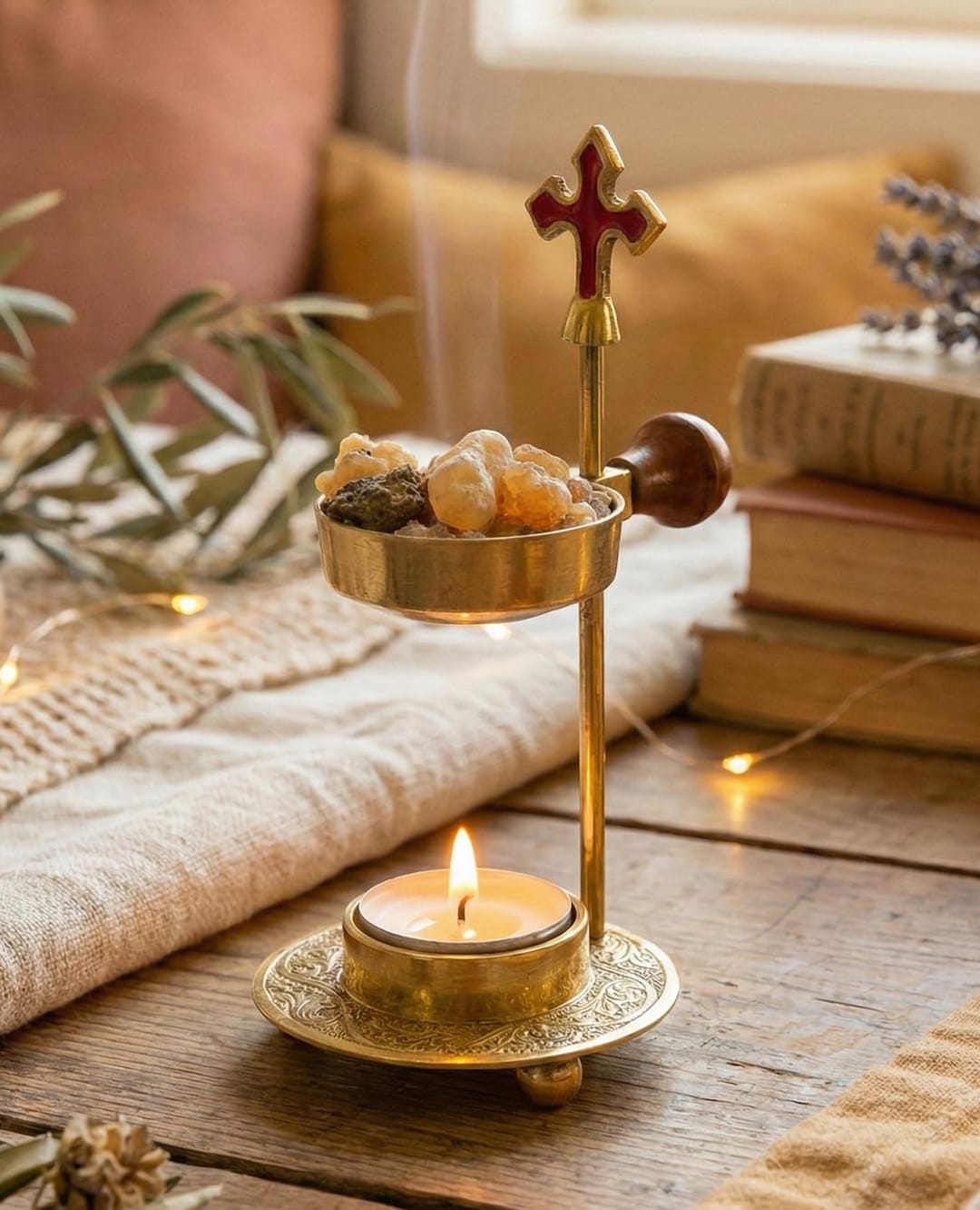 Christian Adjustable Brass Incense Burner With Red Cross Tea Light ...